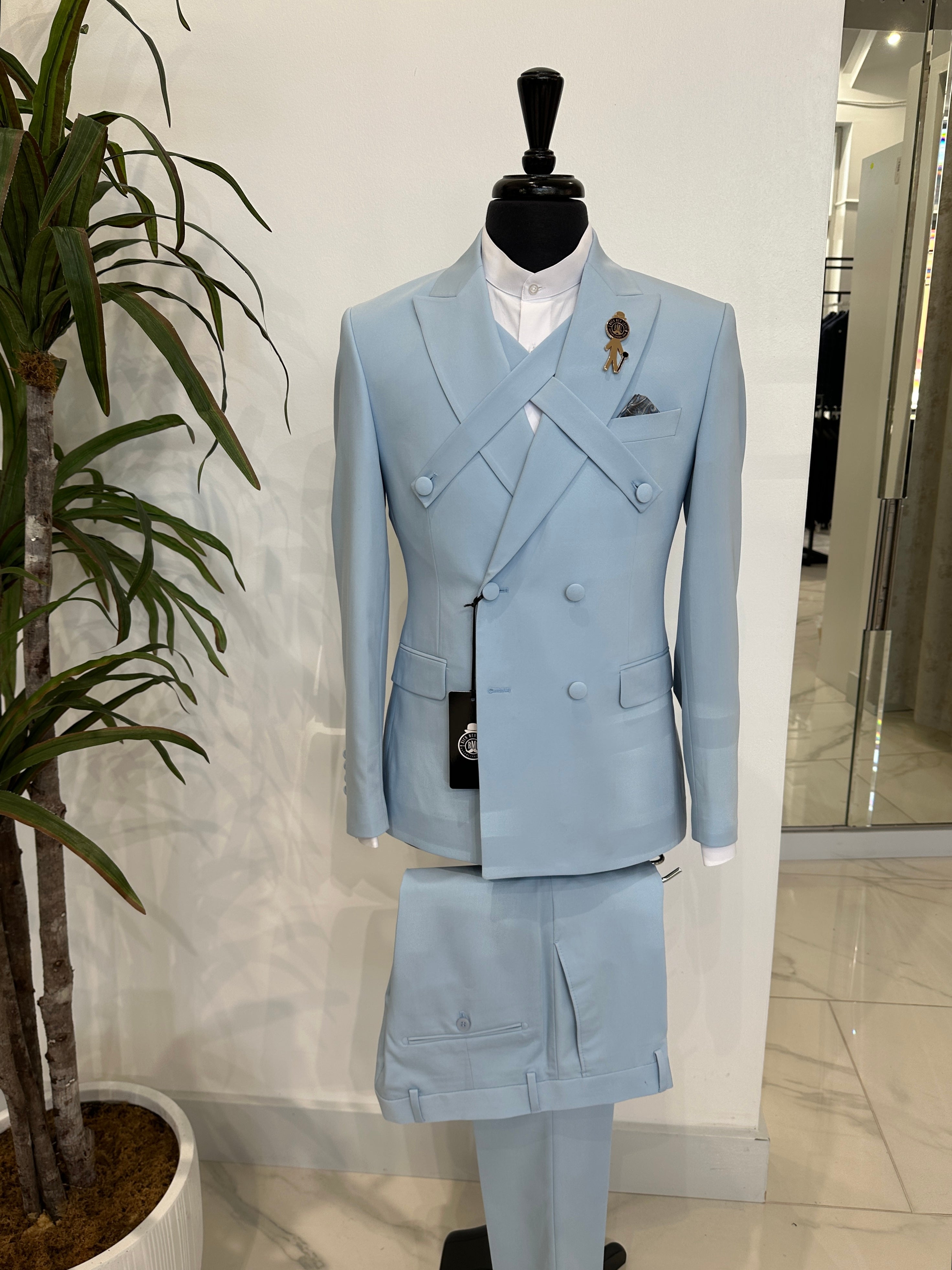 RML Ice Blue Double Breasted Strap 2PSuit | Richmenlooks