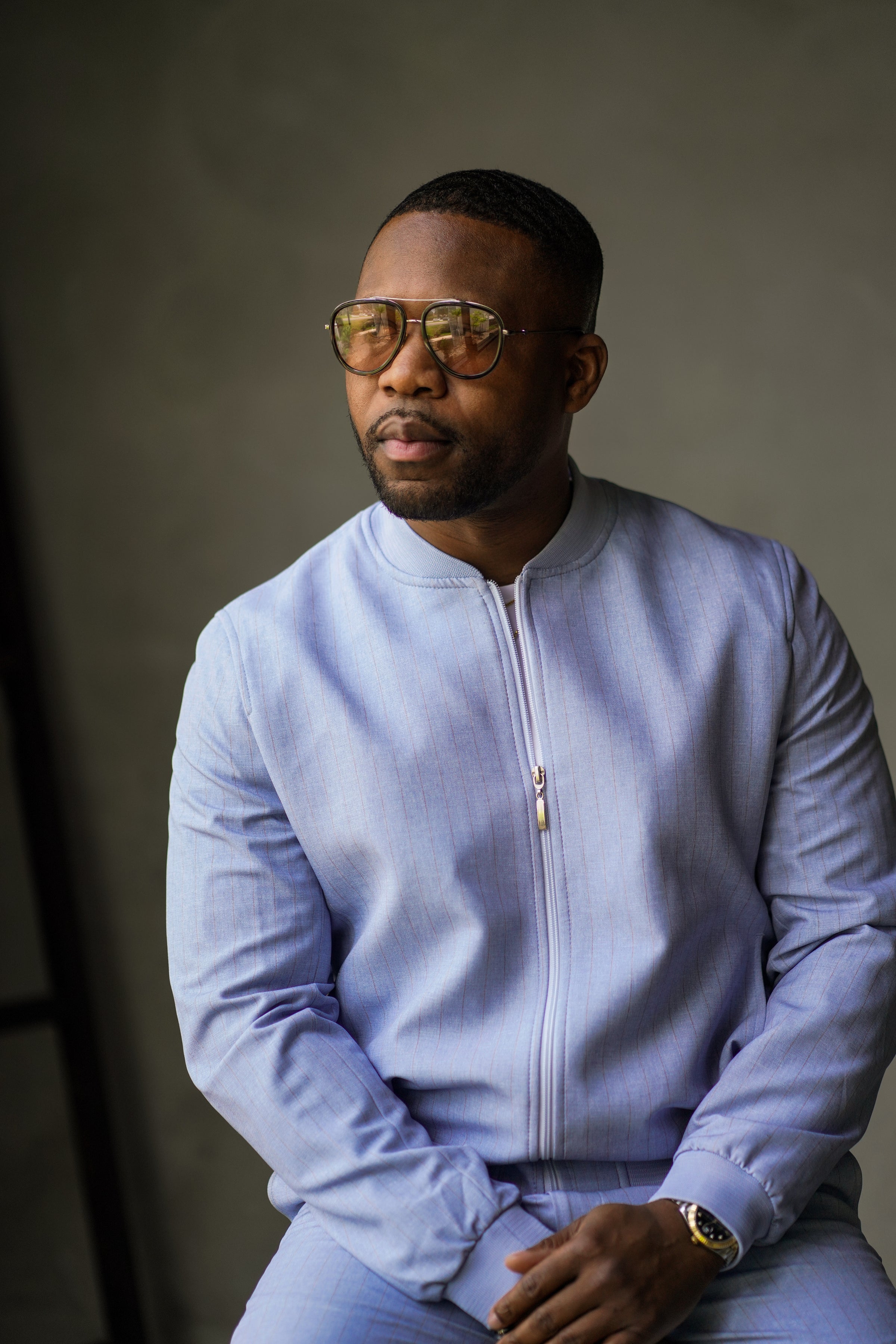 NEW RML Light Blue Brown Pinstripe Bomber Set | Richmenlooks